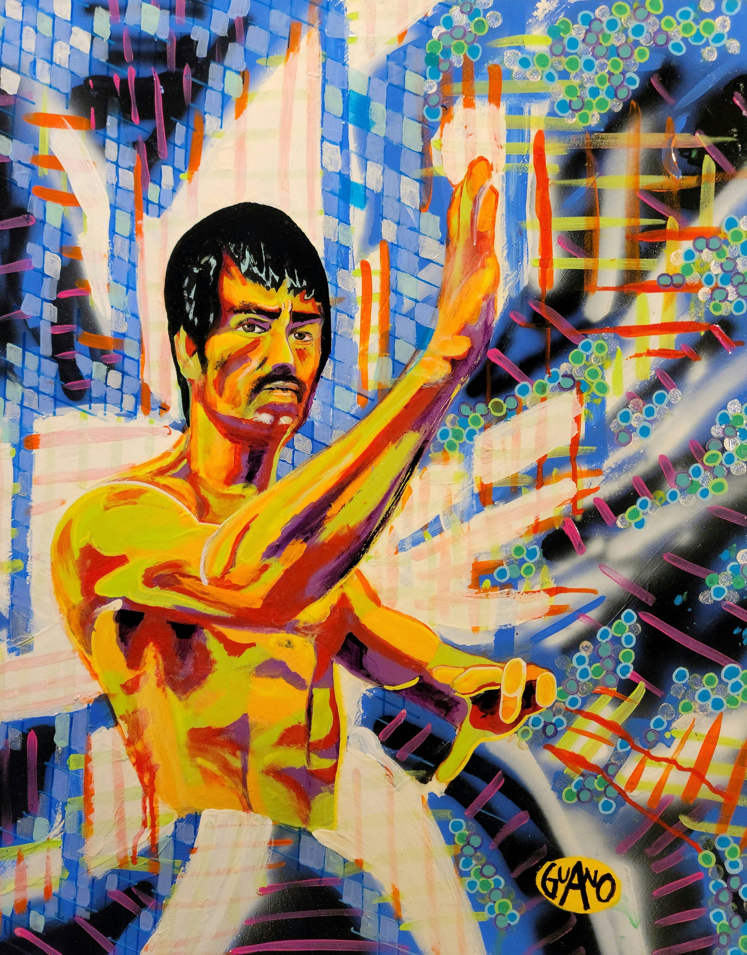 Dynamic Bruce Lee tribute mixed media artwork by contemporary Nebraska ...